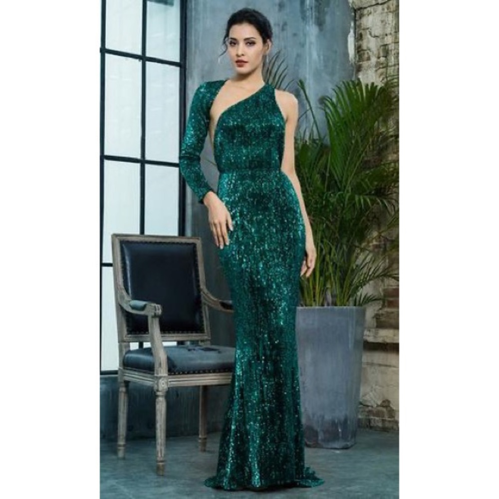 Blue/Green Sequin Sleeve Backless Mermaid Dress - Gem